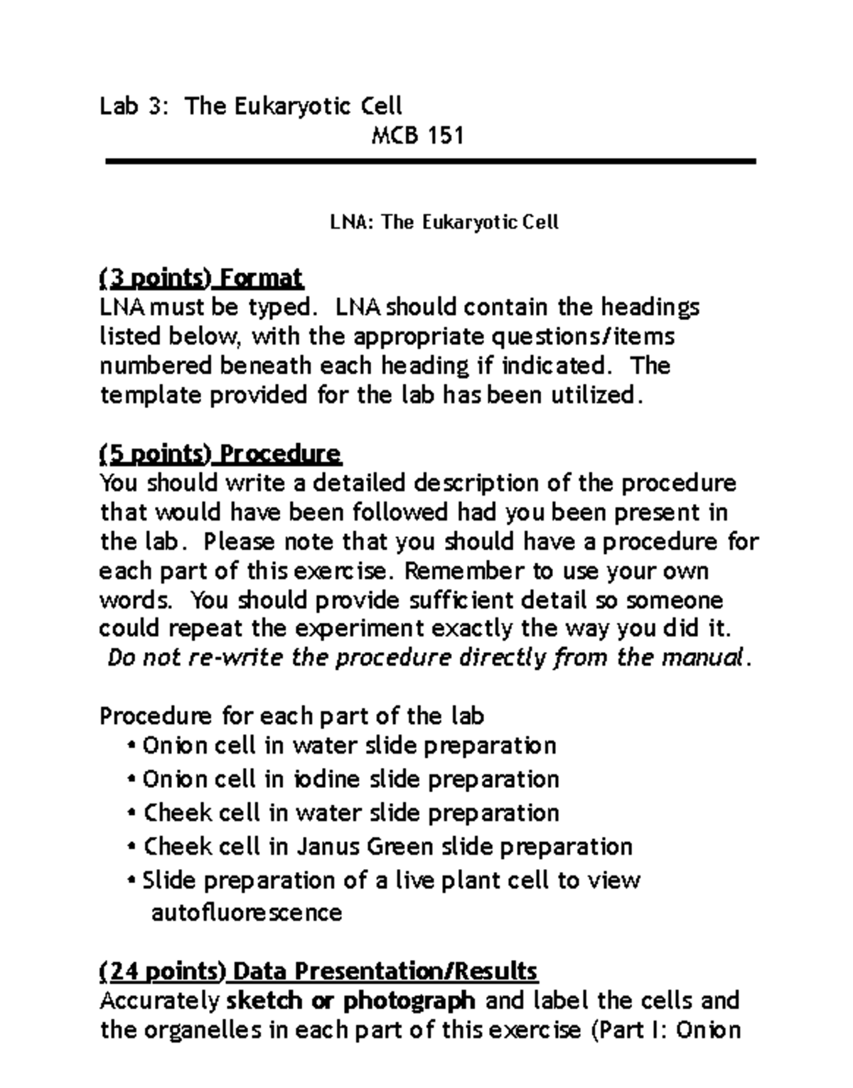 Lab 3: Eukaryotic Cell Analysis MCB 151 LNA Report - Studocu