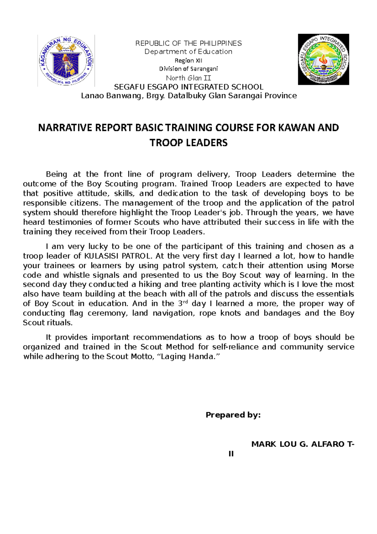 BTC Narrative Report on Basic Training for Kawan and Troop Leaders ...