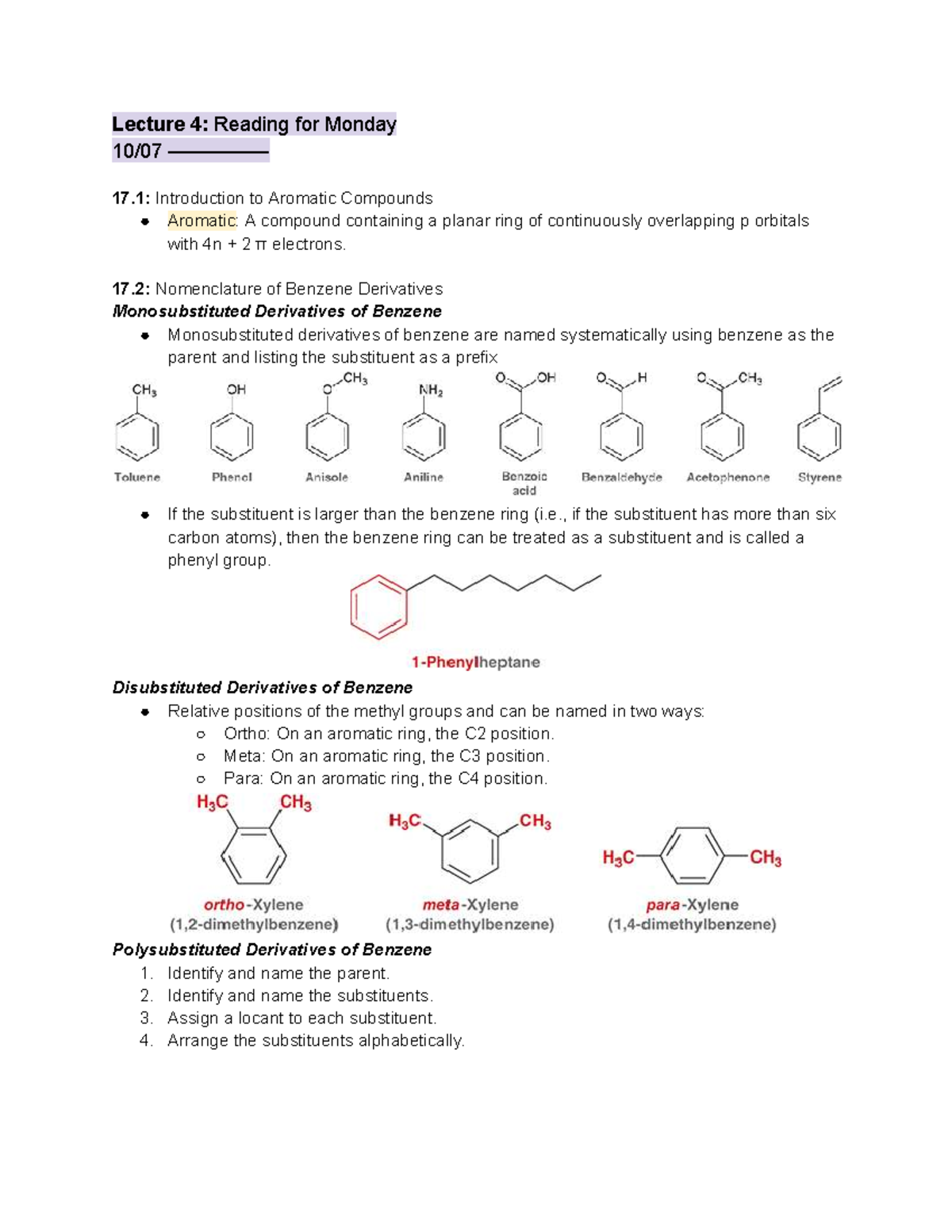 Lecture Notes for L: Aromatization and Addition Reactions - Studocu