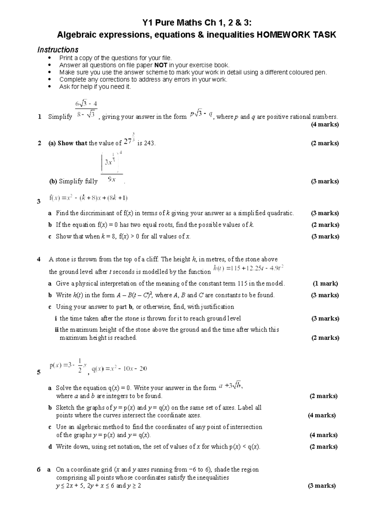 Y1 Pure Maths Ch 1, 2, 3: Algebraic Expressions & Equations HWK - Studocu