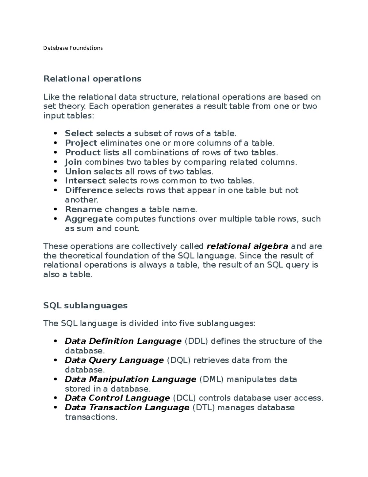 Database Foundations Study Guide - Database Foundations Relational operations Like the ...