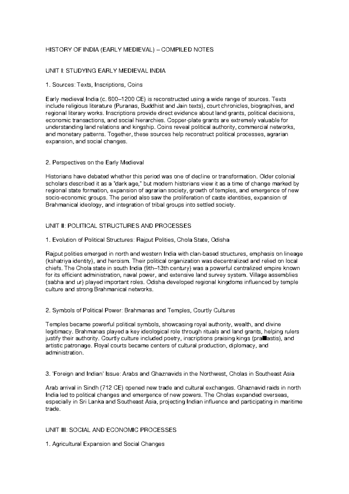 HIST 101: Compiled Notes on Early Medieval India - Unit I & II - Studocu
