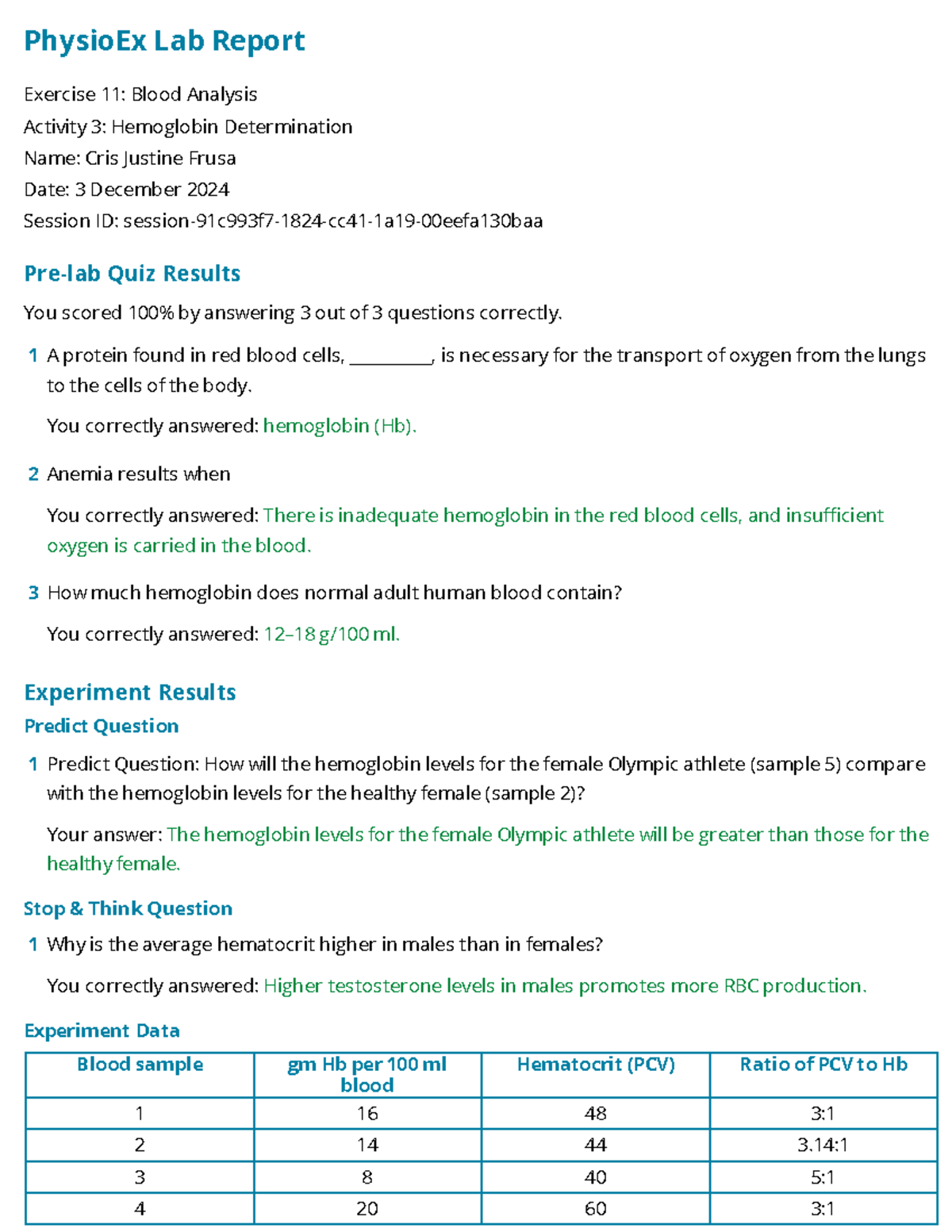 PhysioEx Lab Report: Exercise 11 - Blood Analysis & Hemoglobin ...