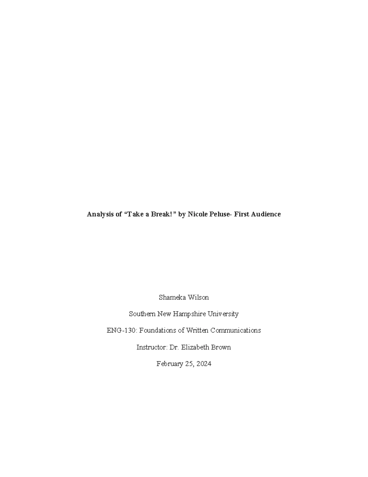 ENG 130 Module Five Written Work Analysis for First-Time Readers - Studocu