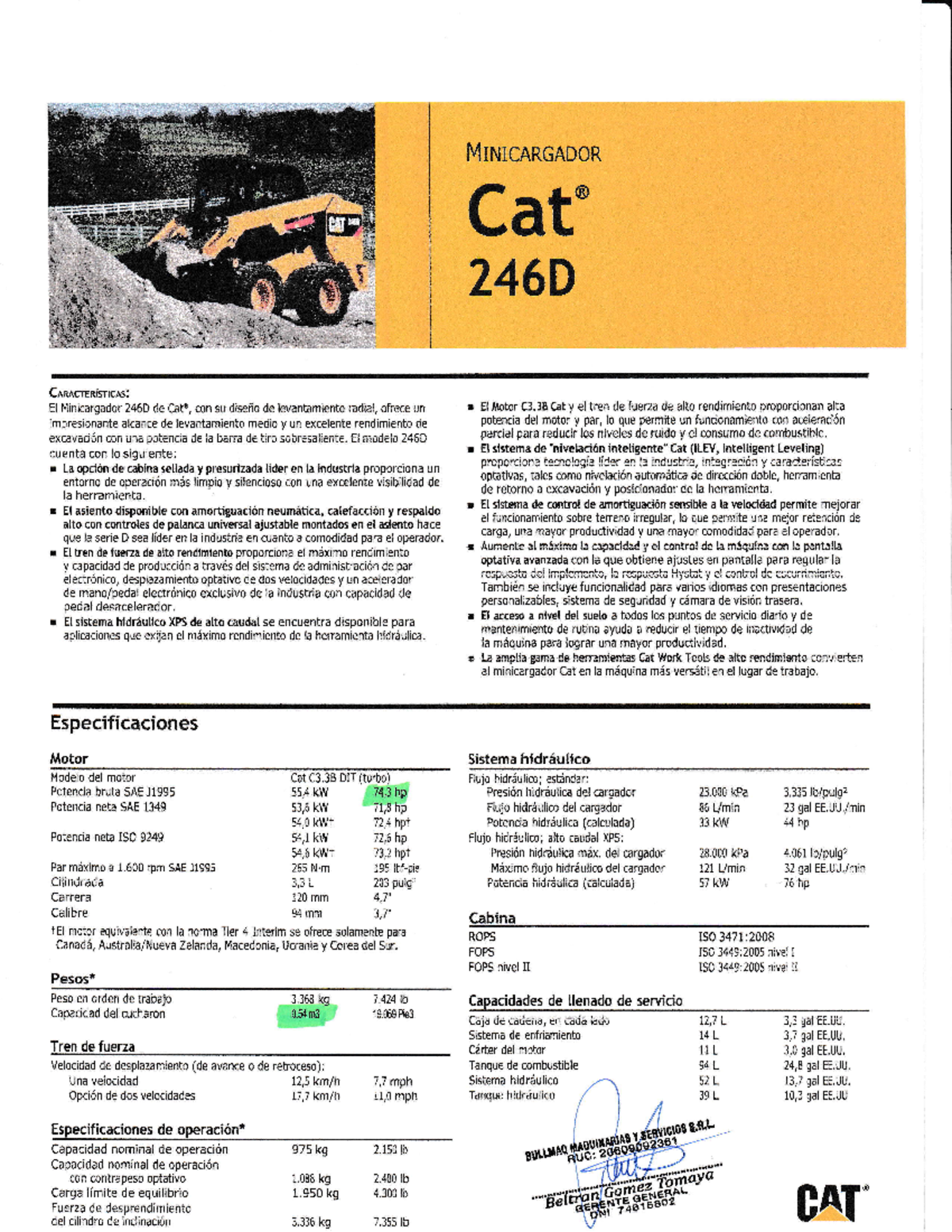 Ficha Técnica del Minicargador CAT 246D - Documentación Detallada - Studocu