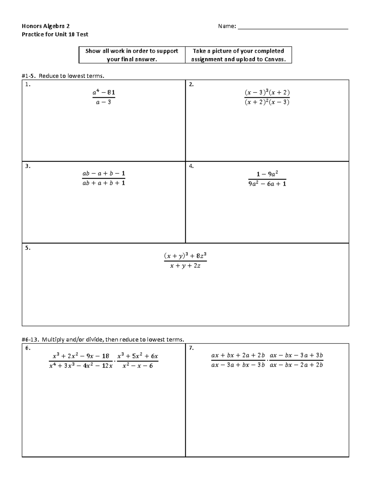 Honors Algebra 2 Unit 10 Test Review - Practice Worksheets - Studocu