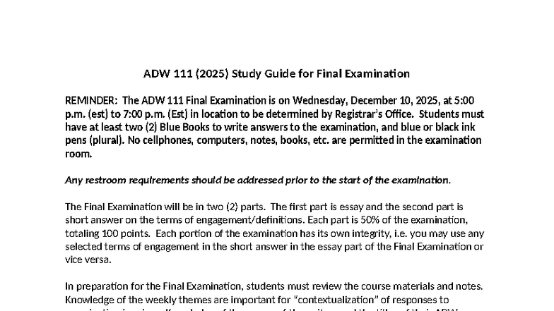 ADW 111 Fall 2025 Final Exam Study Guide and Preparation Tips - Studocu
