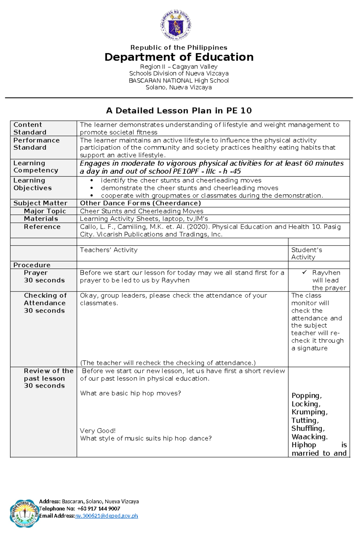 DLP 1 G10: Detailed Lesson Plan on Basic Cheer Stunts - Studocu