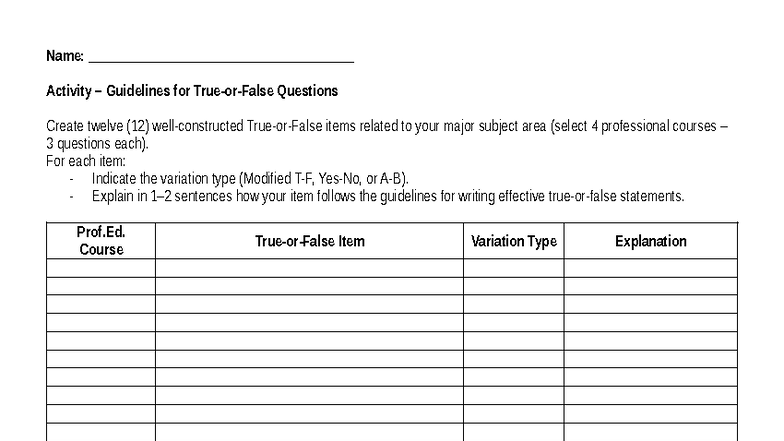 Activity Guidelines for Writing True or False Type Test - Name: - Studocu