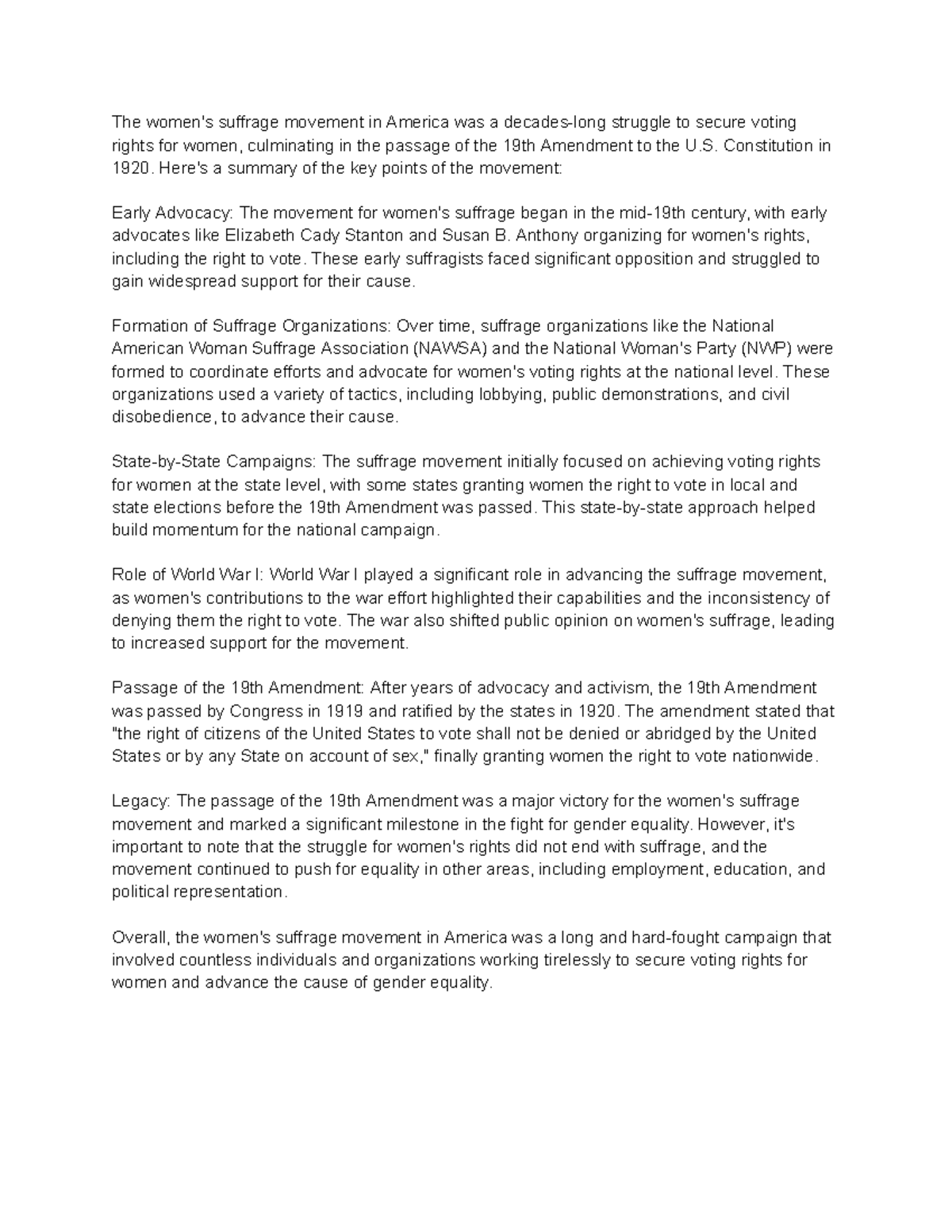 APUSH Essay Notes: The Struggle for Women's Suffrage in America - Studocu