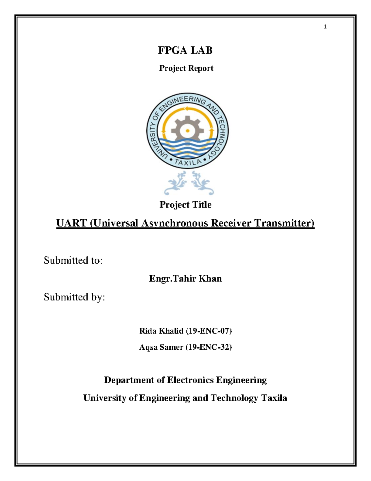 UART Implementation Report for FPGA Lab (Engr. Tahir Khan) - Studocu