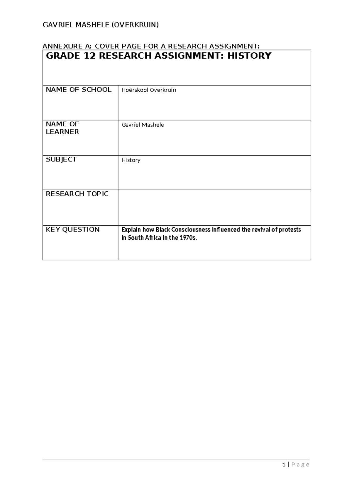 Grade 12 History Assignment: The Impact of Black Consciousness on ...