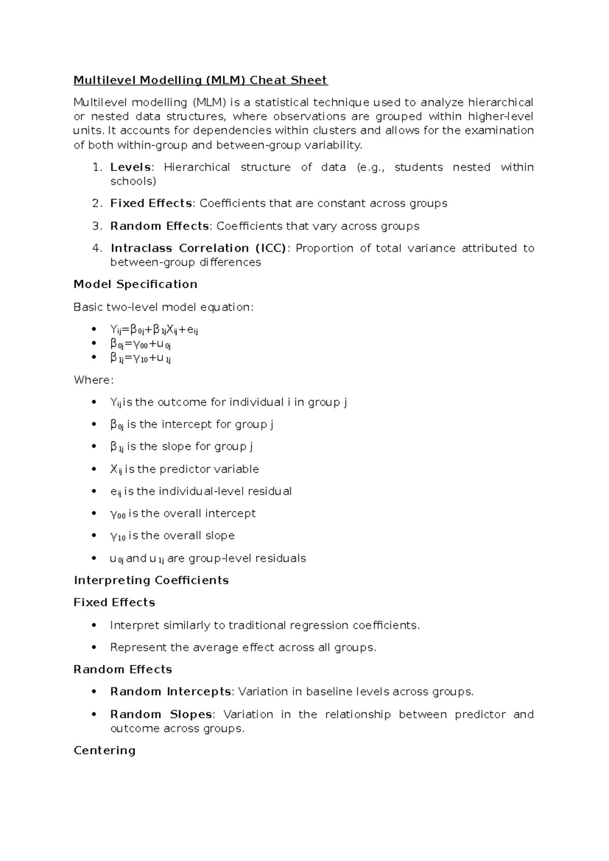 MLM cheat sheet - Multilevel Modelling (MLM) Cheat Sheet Multilevel ...