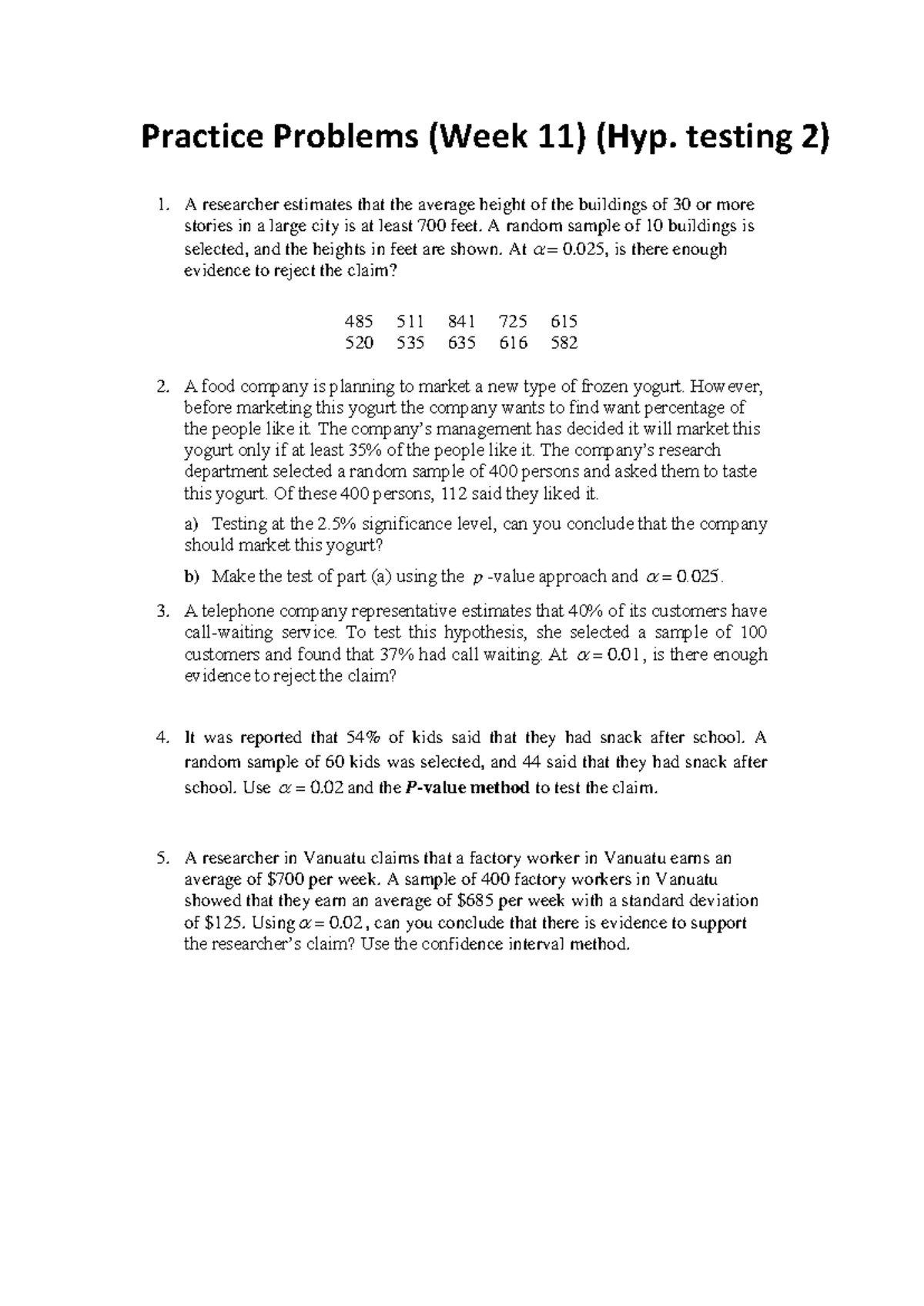 Practice Problems (Week 11) for ST130: Hypothesis Testing 2 - Studocu