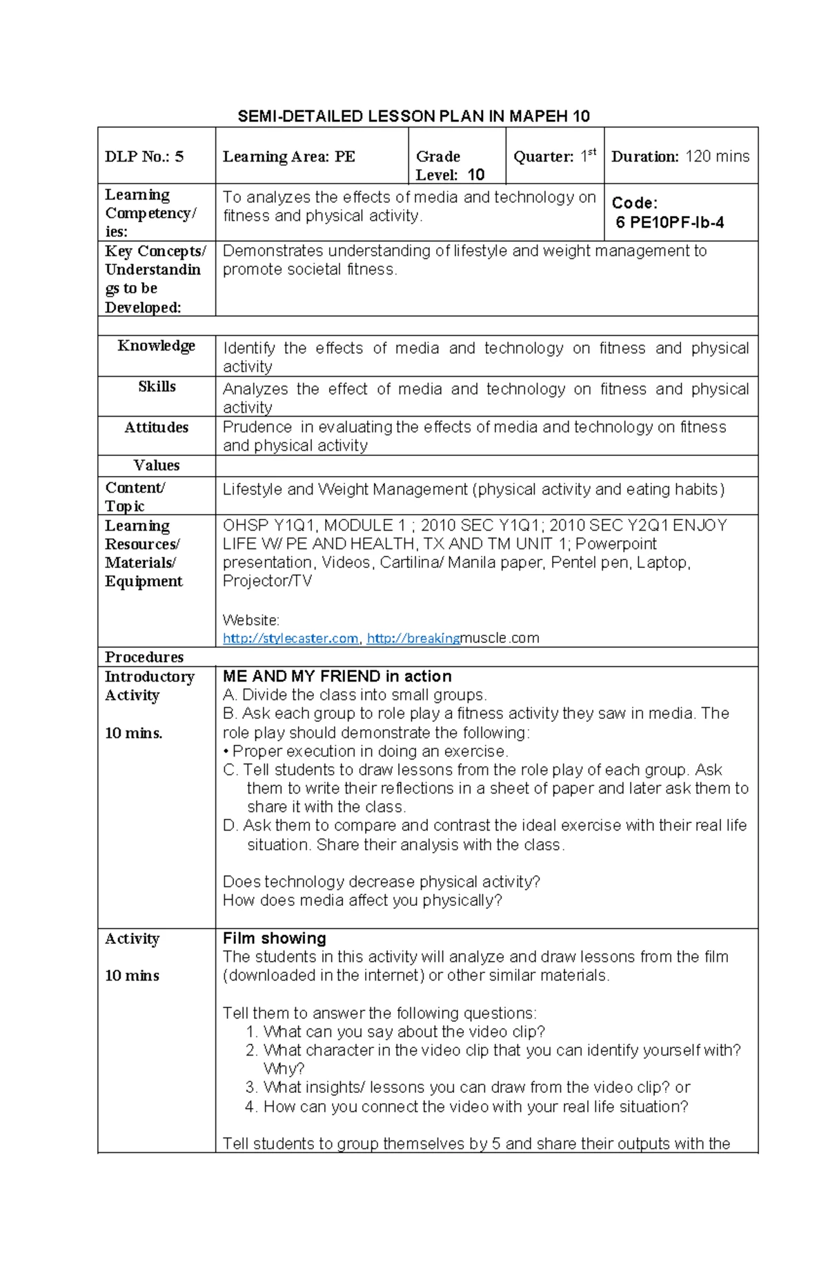 SEMI-DETAILED LESSON PLAN: PE10 - Lifestyle & Injury Prevention - Studocu