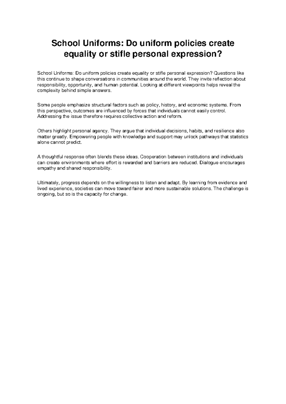 Sgp Essay 8: The Impact of School Uniform Policies on Equality and ...