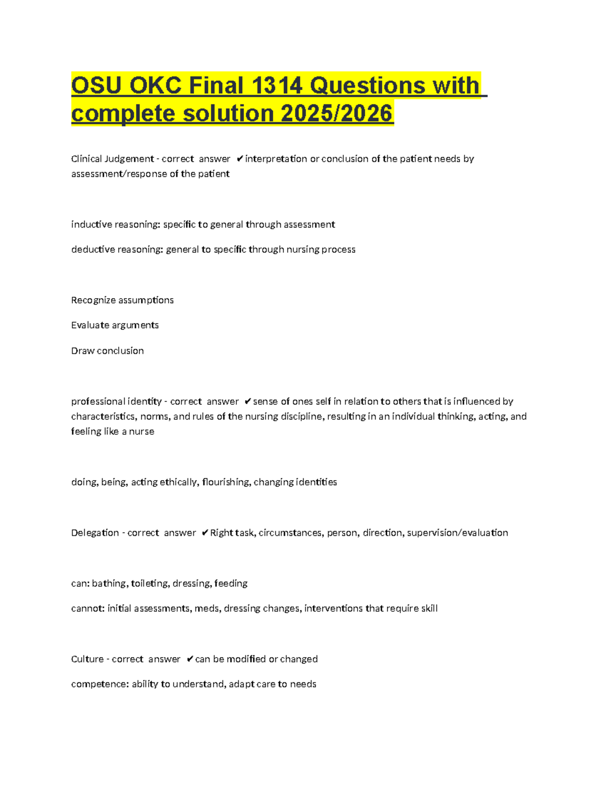 OSU OKC Final Exam 1314: Comprehensive Solutions and Clinical Judgement ...