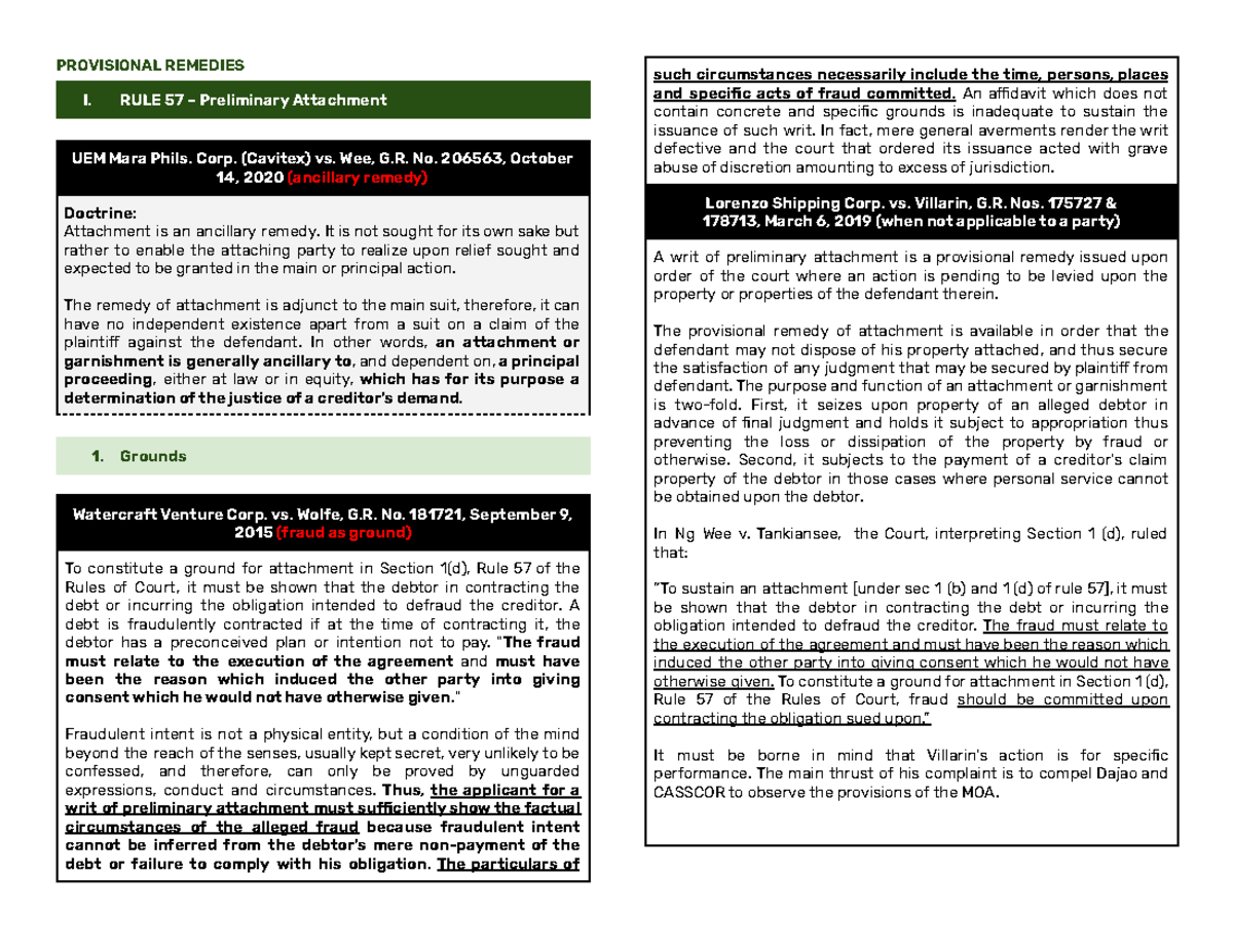 Civpro II Doctrines: Provisional Remedies & Case Law Insights (Midterms ...