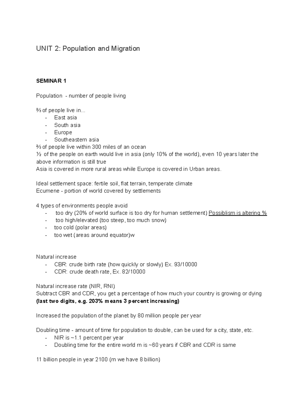 AP Human Geography Unit 2: Population & Migration Seminar Notes - Studocu