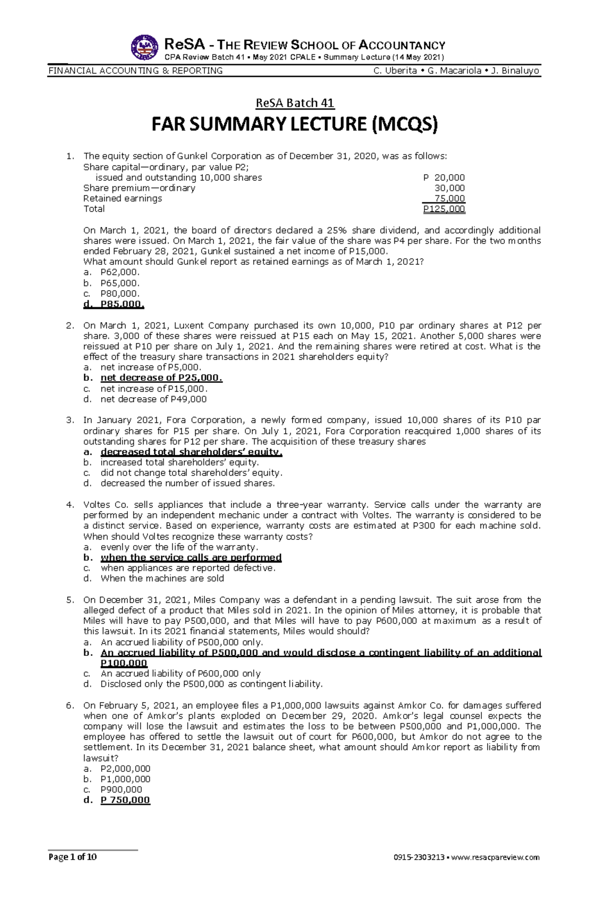 FAR 14 May 2021: Summary Lecture Notes for CPA Review Batch 41 - Studocu