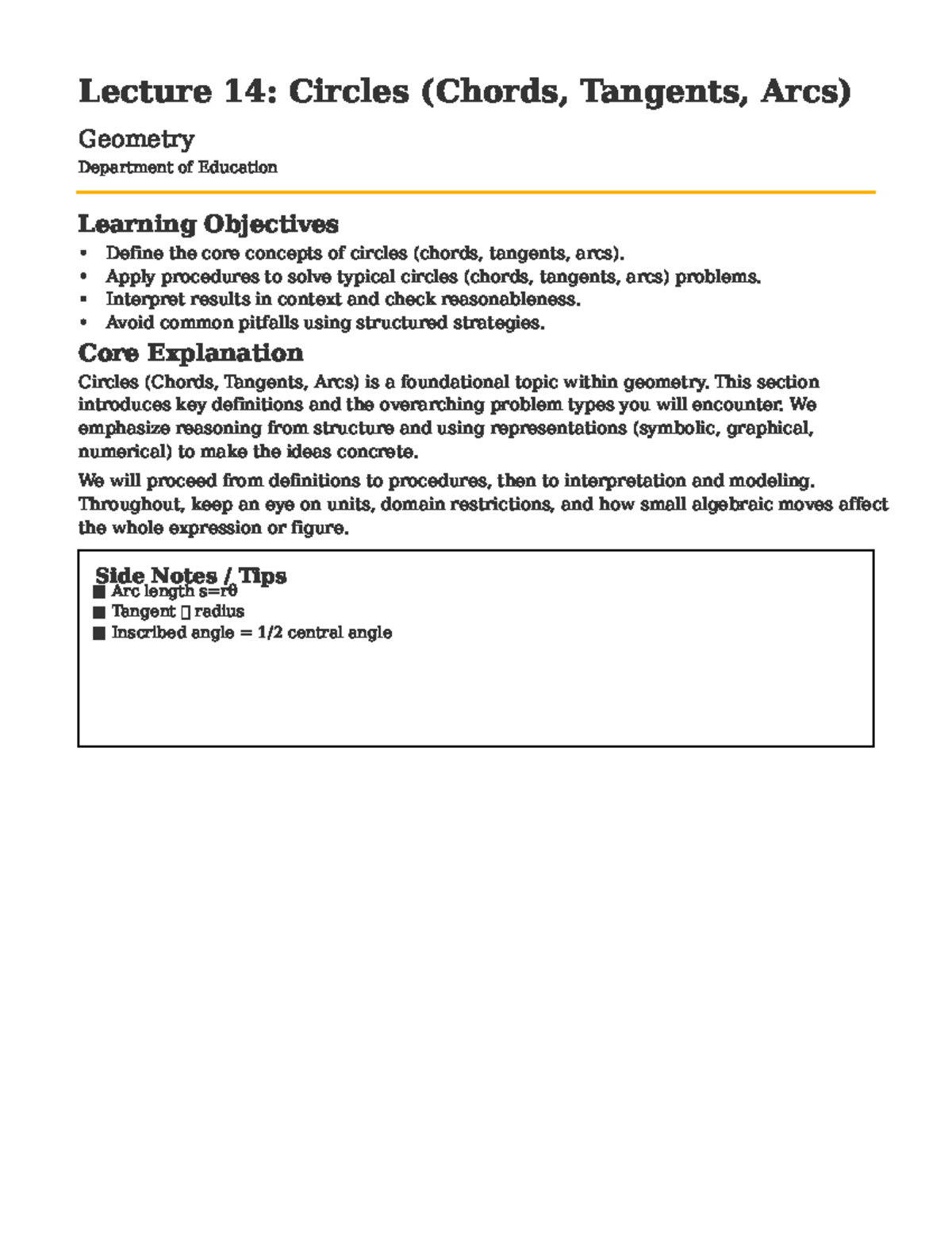 Lecture 14: Circles - Chords, Tangents, and Arcs in Geometry - Studocu