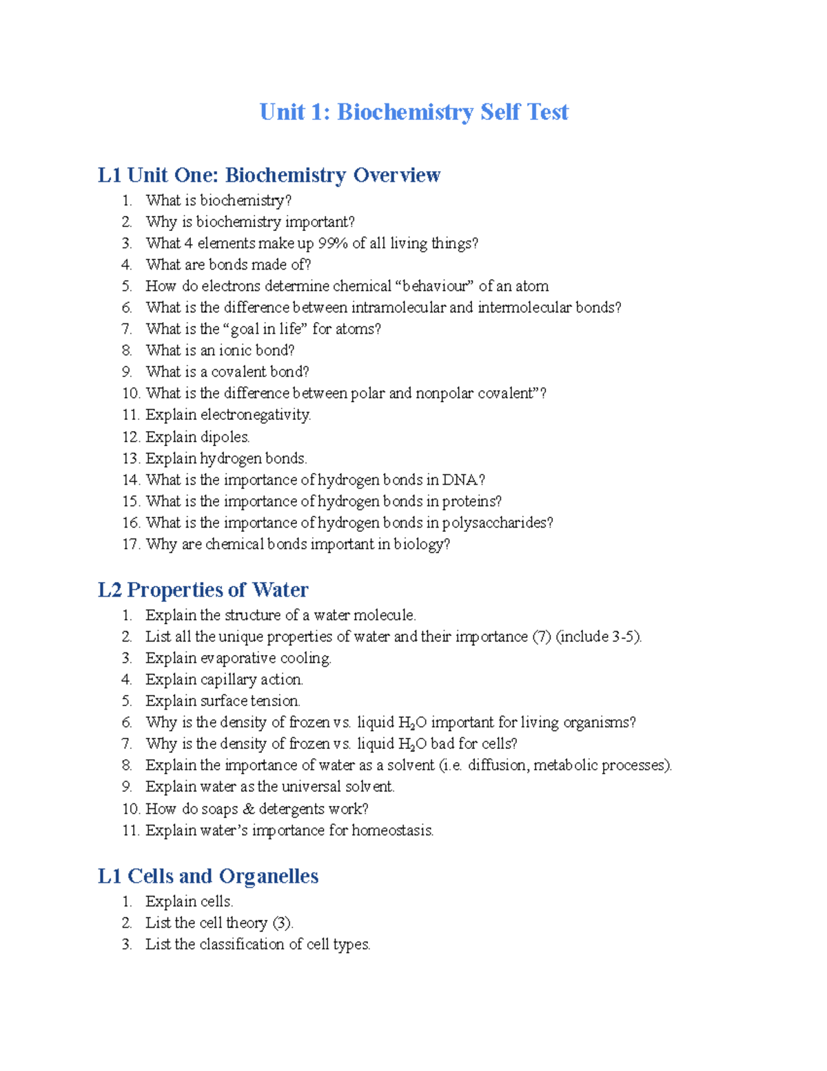 Grade 12 Bio Exam Review: Unit 1-4 Self Test Questions - Studocu