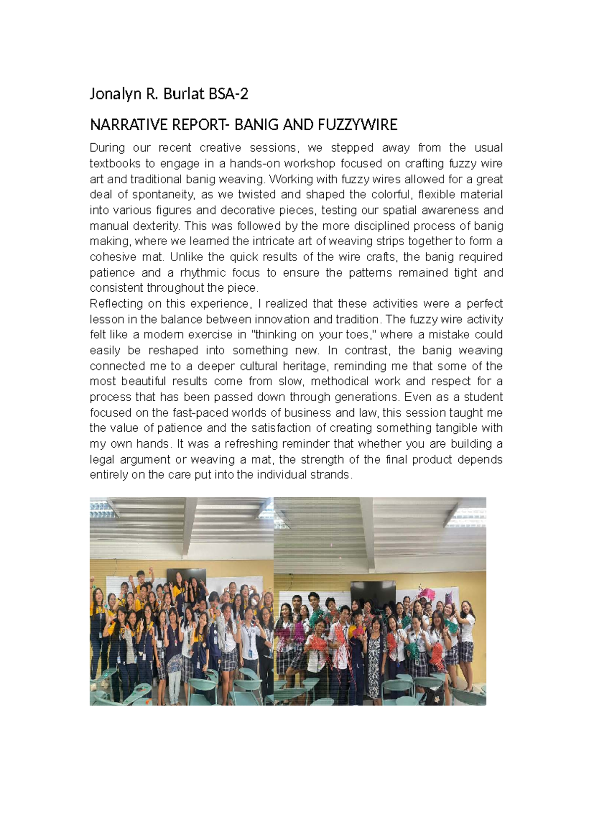 Creative Workshop Report: Fuzzy Wire Art & Banig Weaving - Studocu