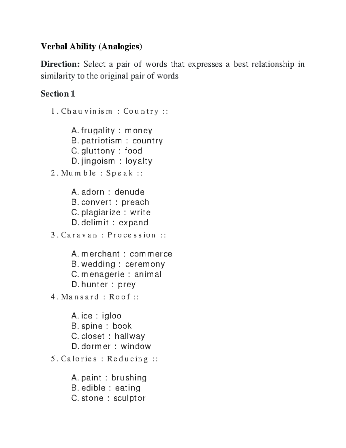 Verbal Ability (Analogies) Practice Questions and Answers - Studocu
