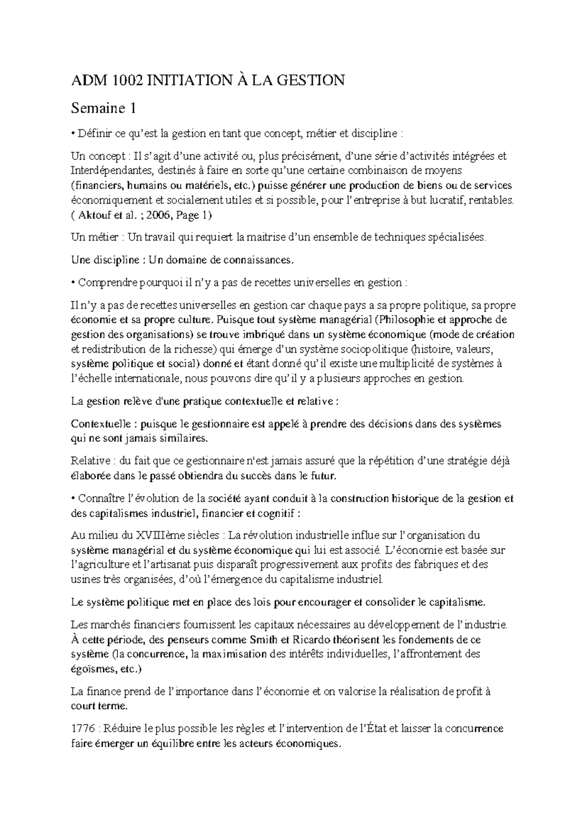 ADM 1002 - Initiation à la Gestion : Concepts et Évolutions Semaine 1 - Studocu