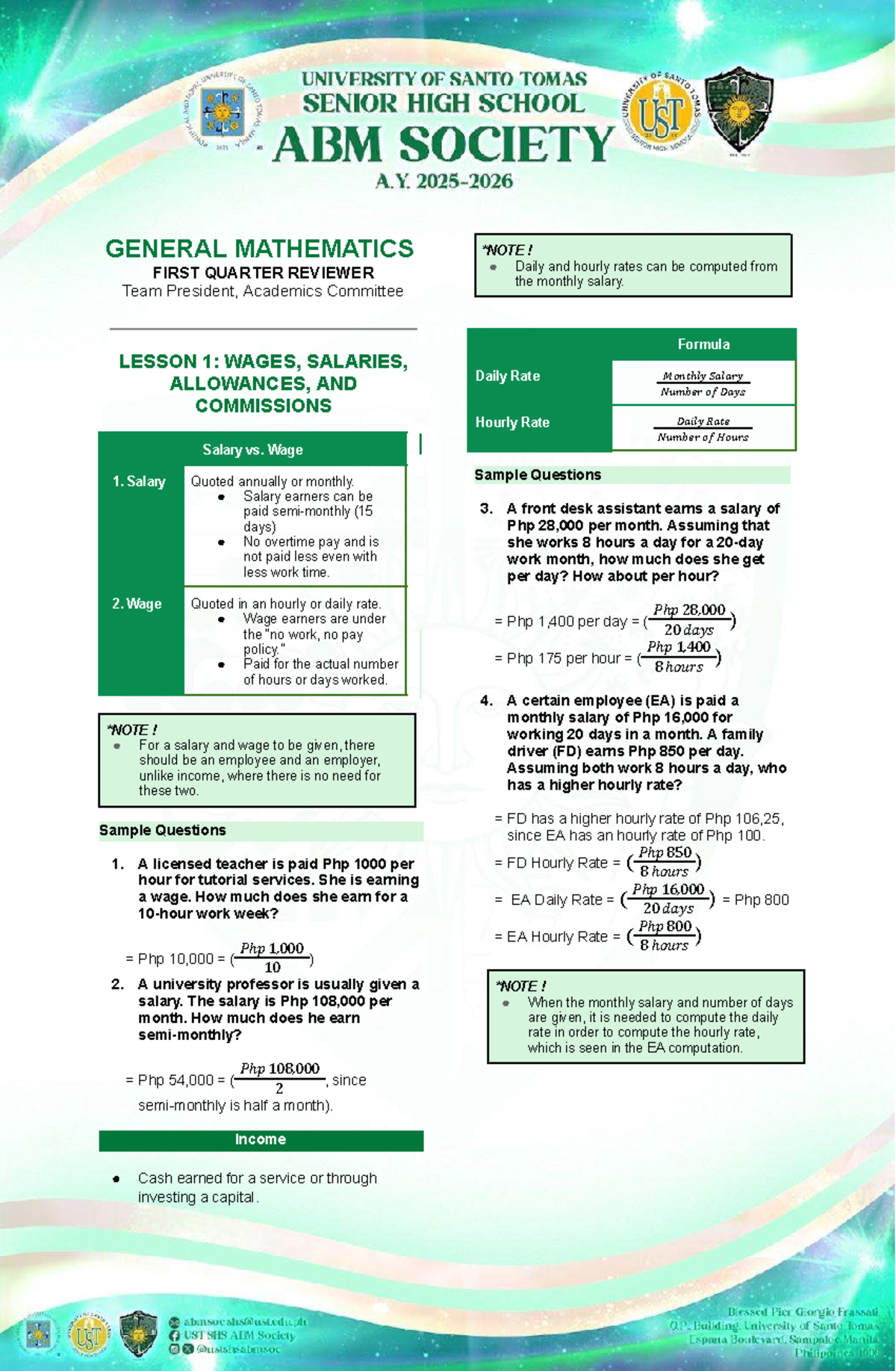 [G11] General Mathematics 1st Quarter Reviewer: Wages, Salaries, and ...