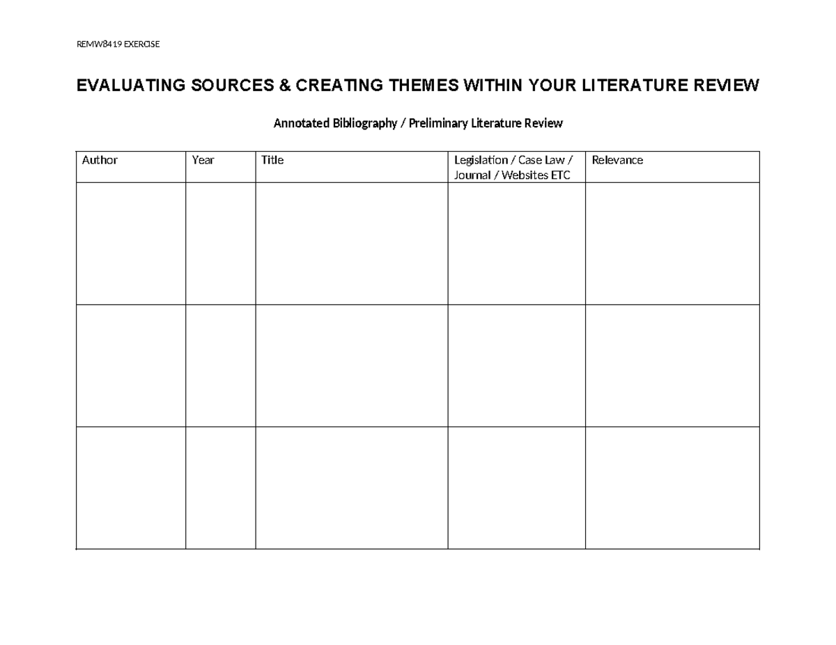 Literature Review - Annotated Bibliography - RESH8411 - EVALUATING ...