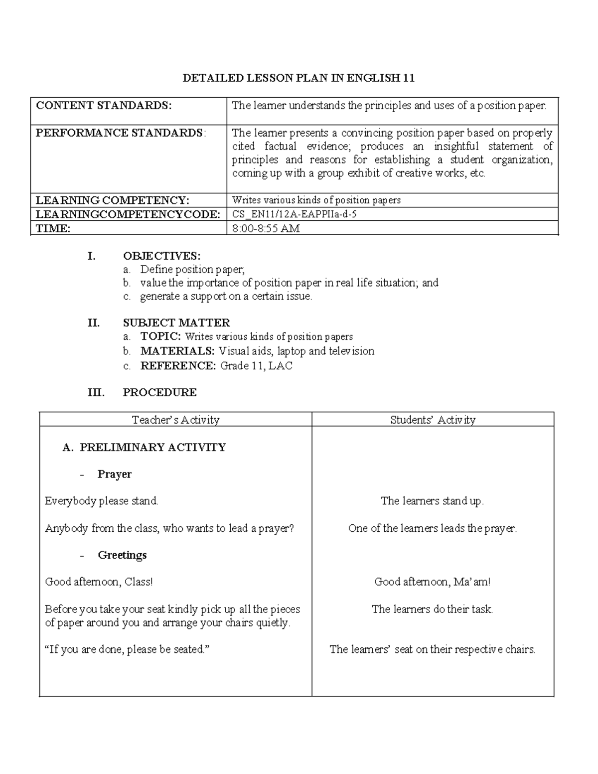 EAPP Detailed Lesson Plan: Understanding Position Papers in English 11 ...