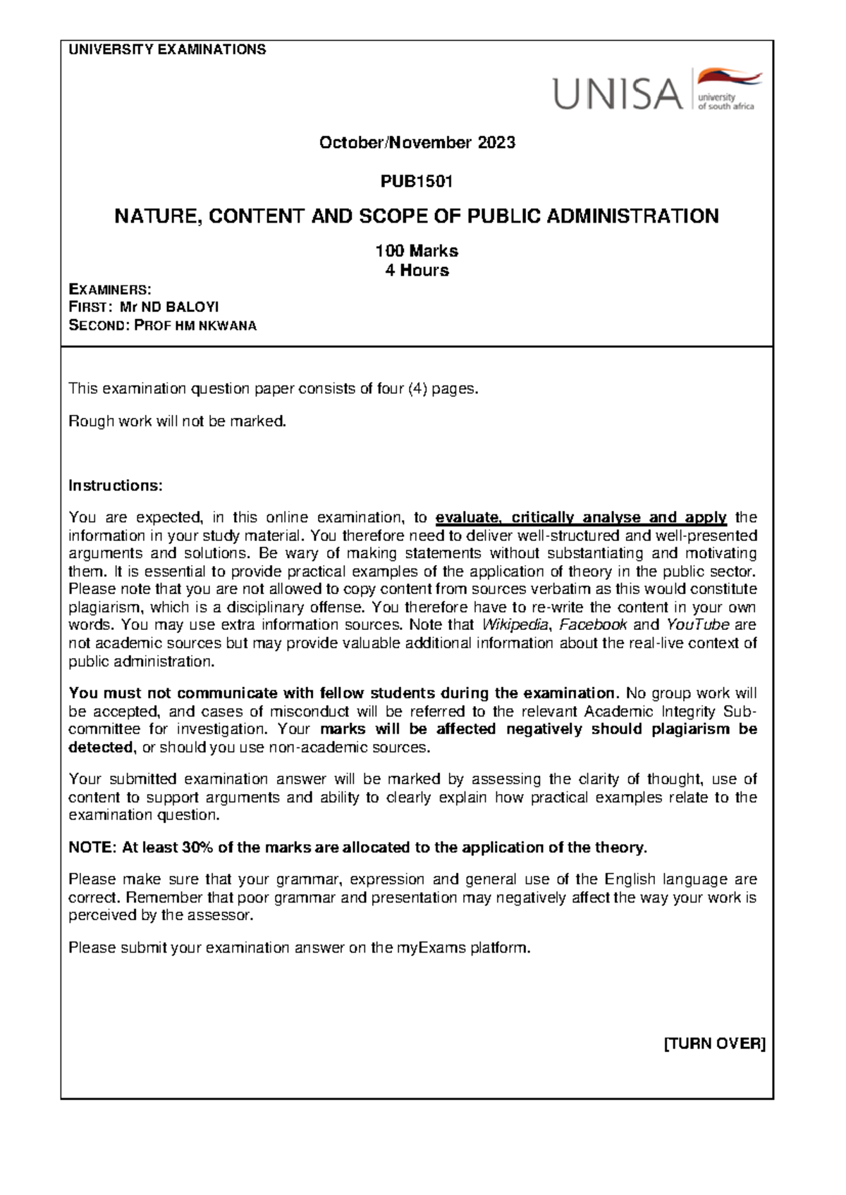 PUB1501 October/November 2023 Exam: Public Administration Questions ...