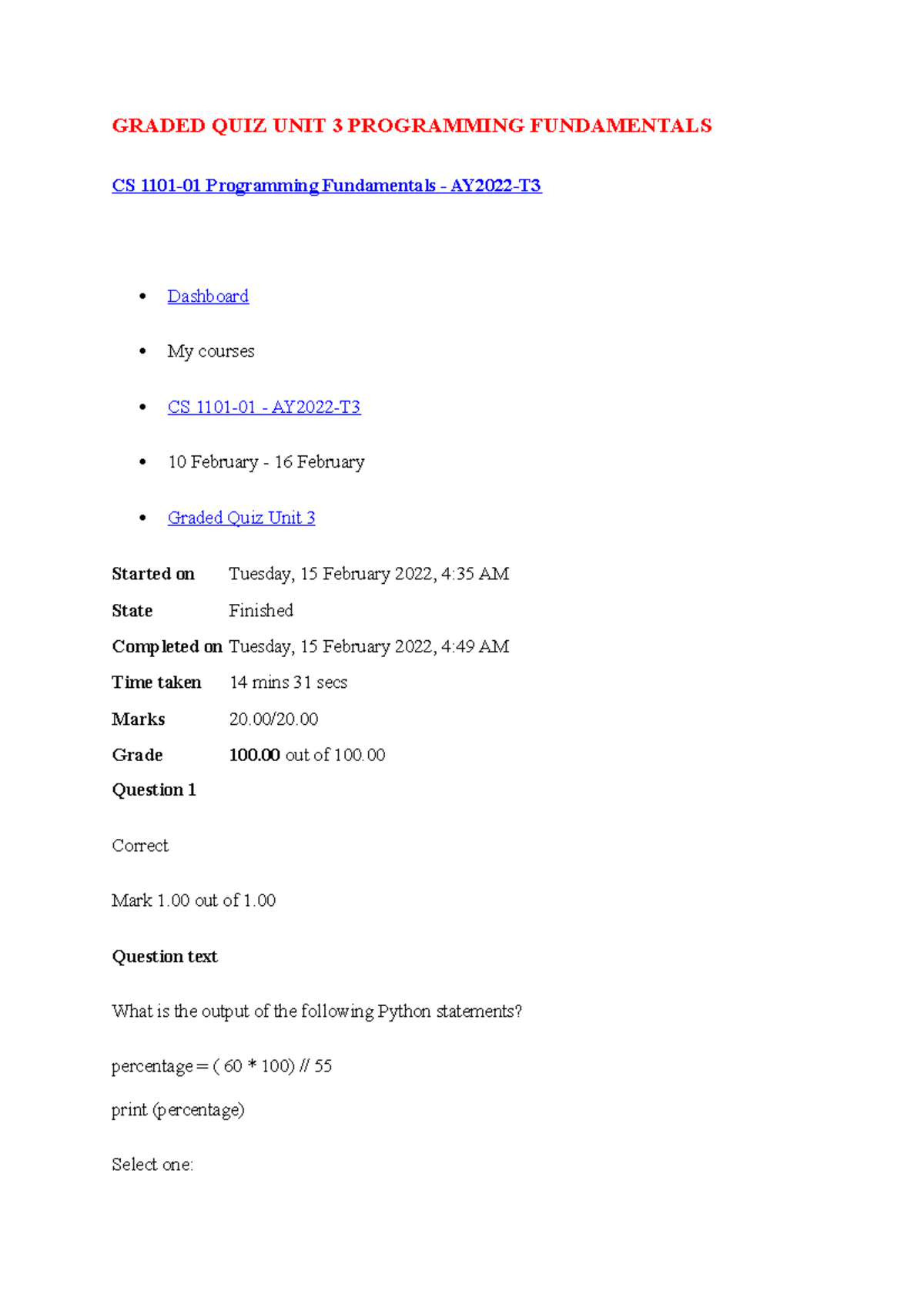 Graded Quiz for Unit 3 in CS1101 Programming Fundamentals - Studocu