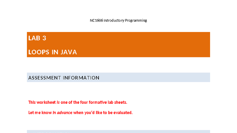 NC1606 Introductory Programming Lab 3: Loops and Conditions in Java ...