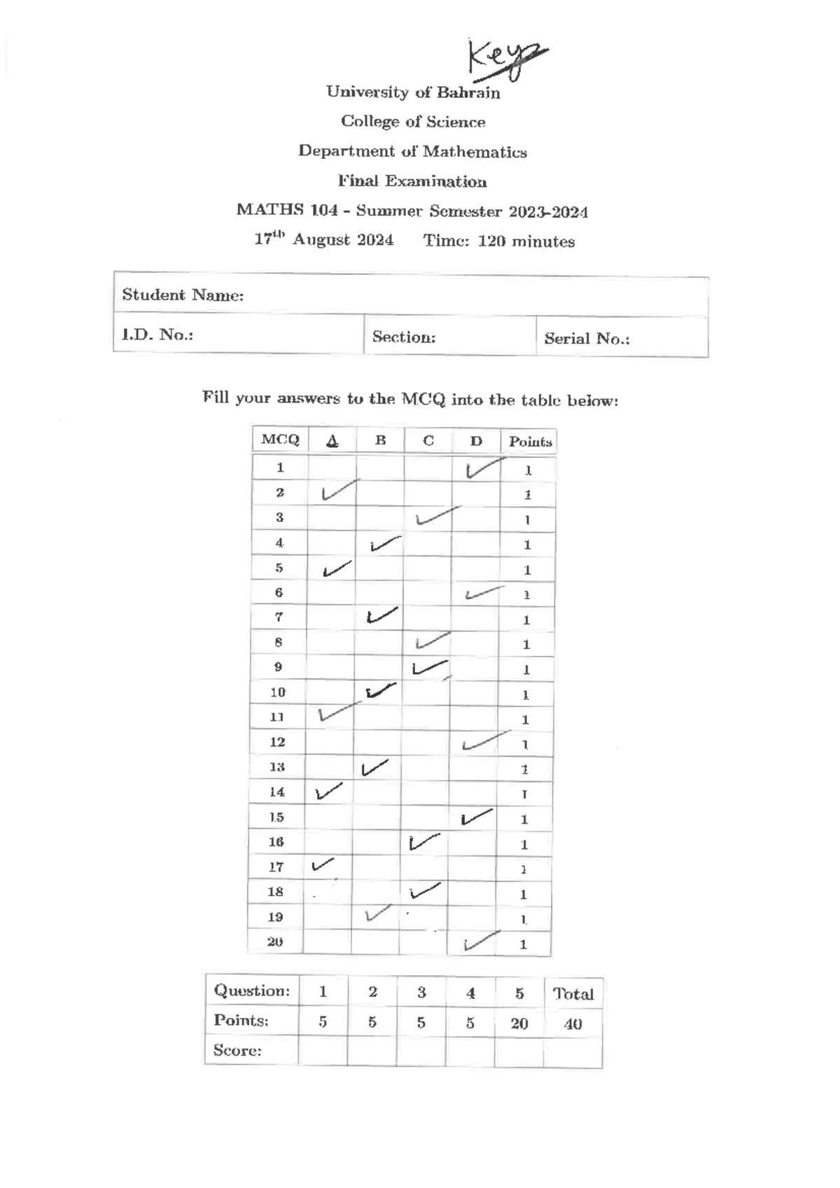 MATHS 104 Final Exam Key - Summer Semester 2024 - Studocu