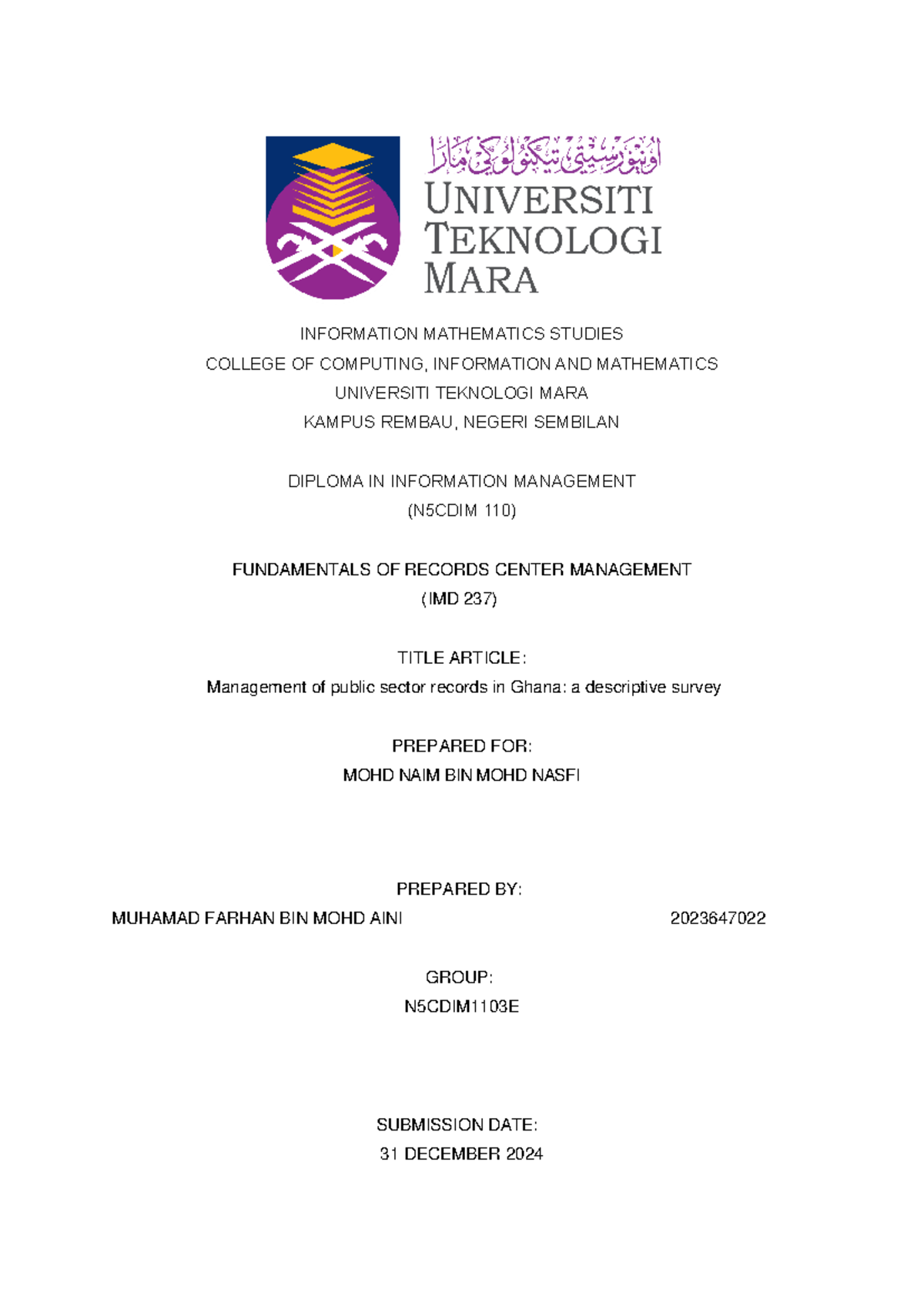 IMD 237: Article Review on Public Sector Records Management in Ghana ...