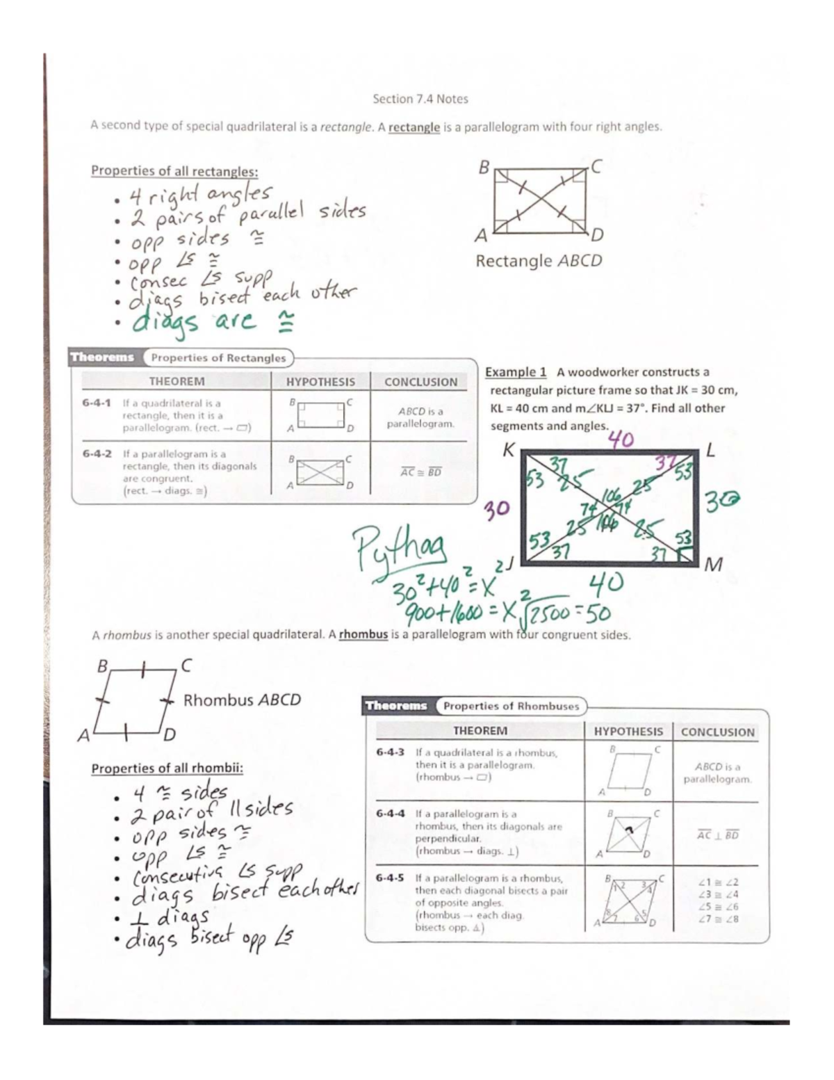 Filled in Notes for Section 7.4: Properties of Rectangles and Rhombuses ...