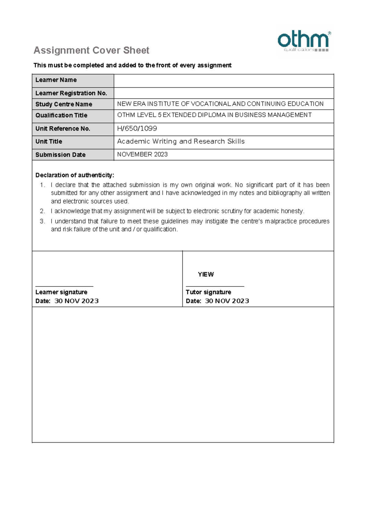 OTHM Level 5 Assignment Cover Sheet for Academic Writing Skills - Studocu