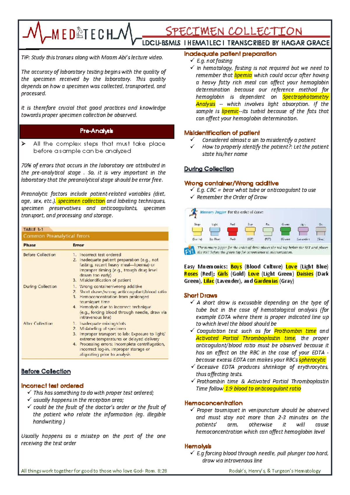Hematology 1 Prelims: Specimen Collection & Analysis Notes - Studocu
