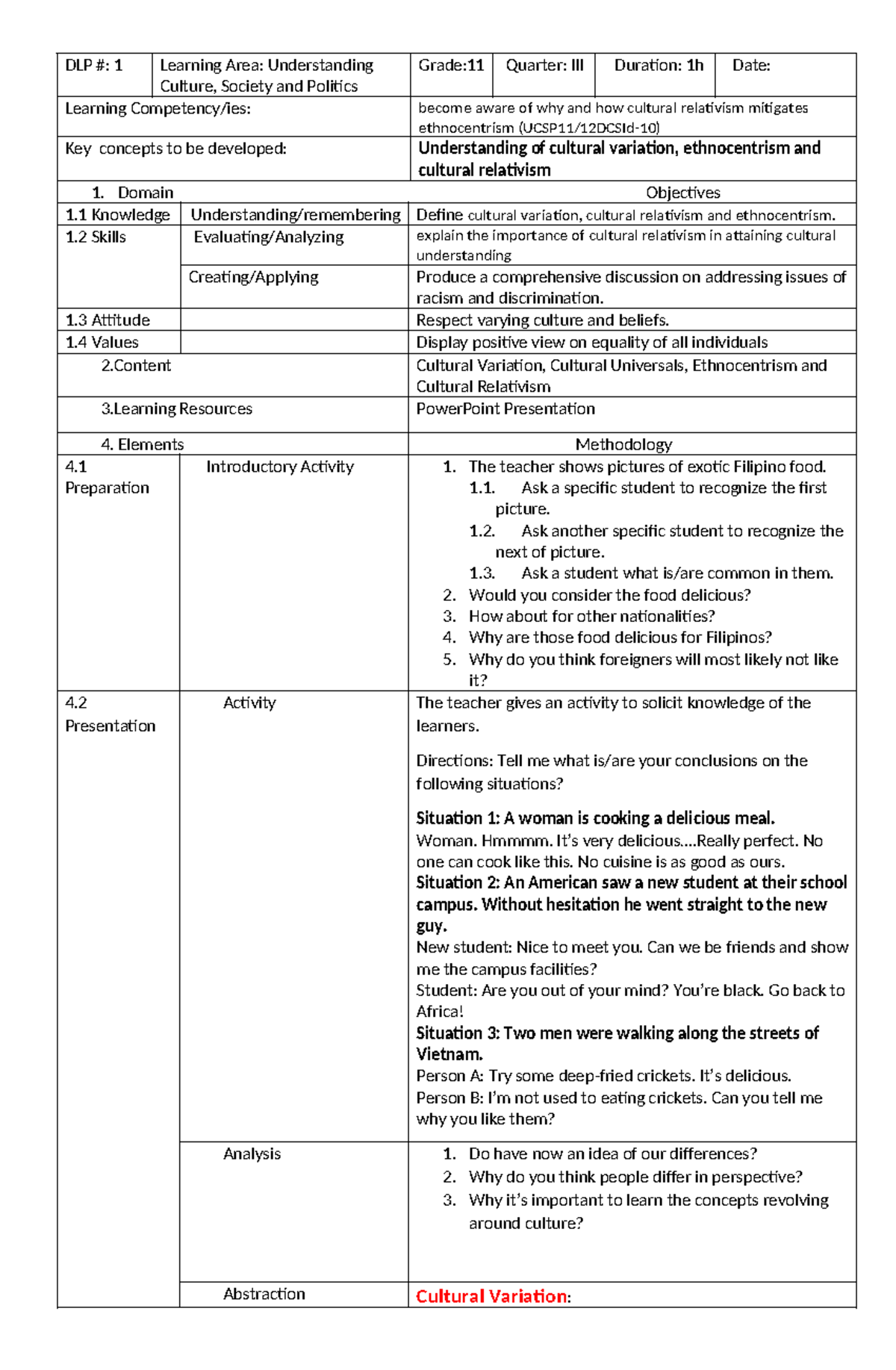 UCSP-DLP - Lesson Plan on Cultural Relativism and Ethnocentrism - Studocu