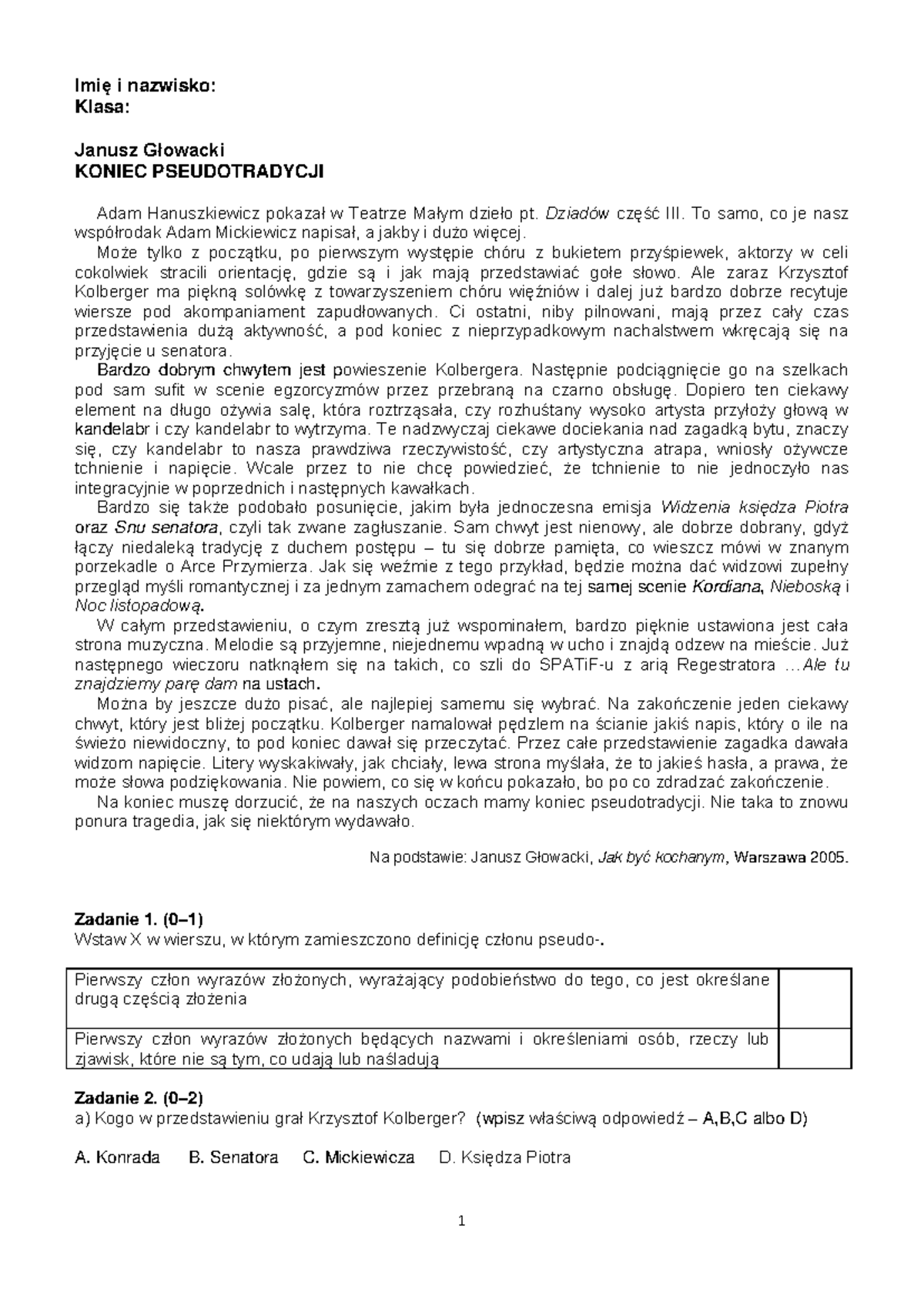 Zadania maturalne do Dziadów cz. III A. Mickiewicza - Klaudia ...