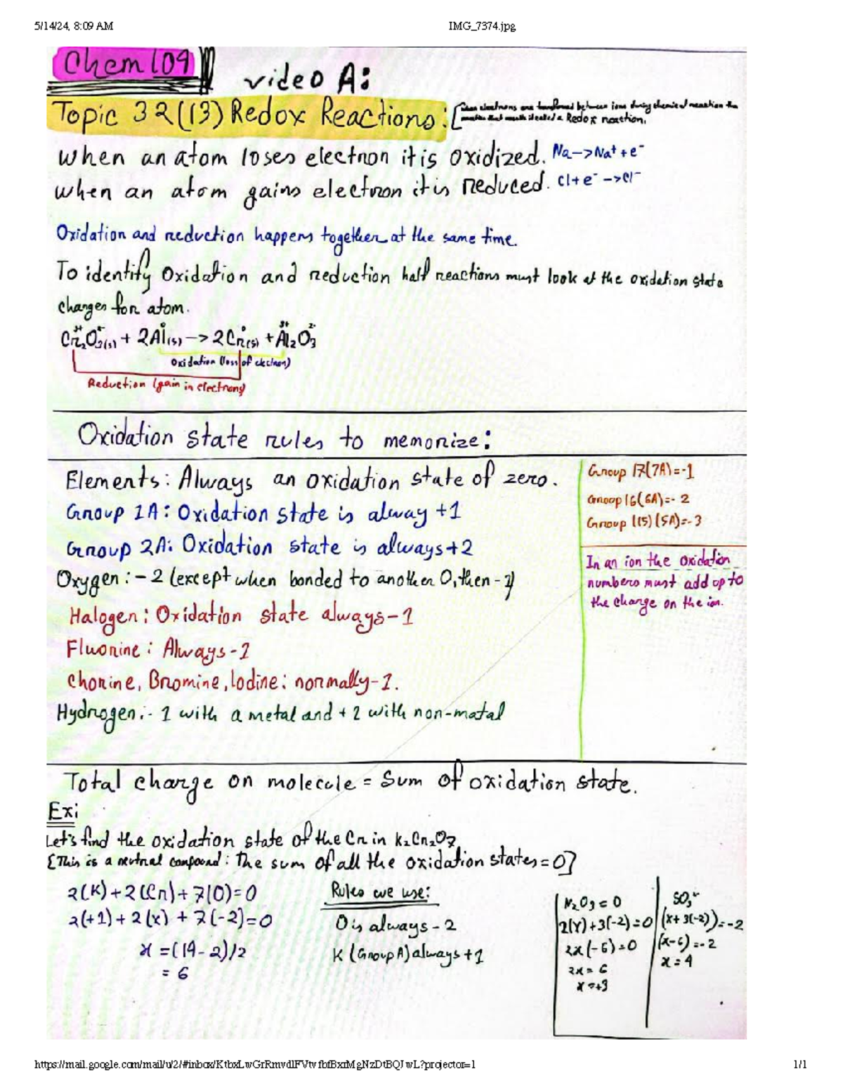 Chem 104 T32 Redox Reaction Video Analysis and Review - Studocu