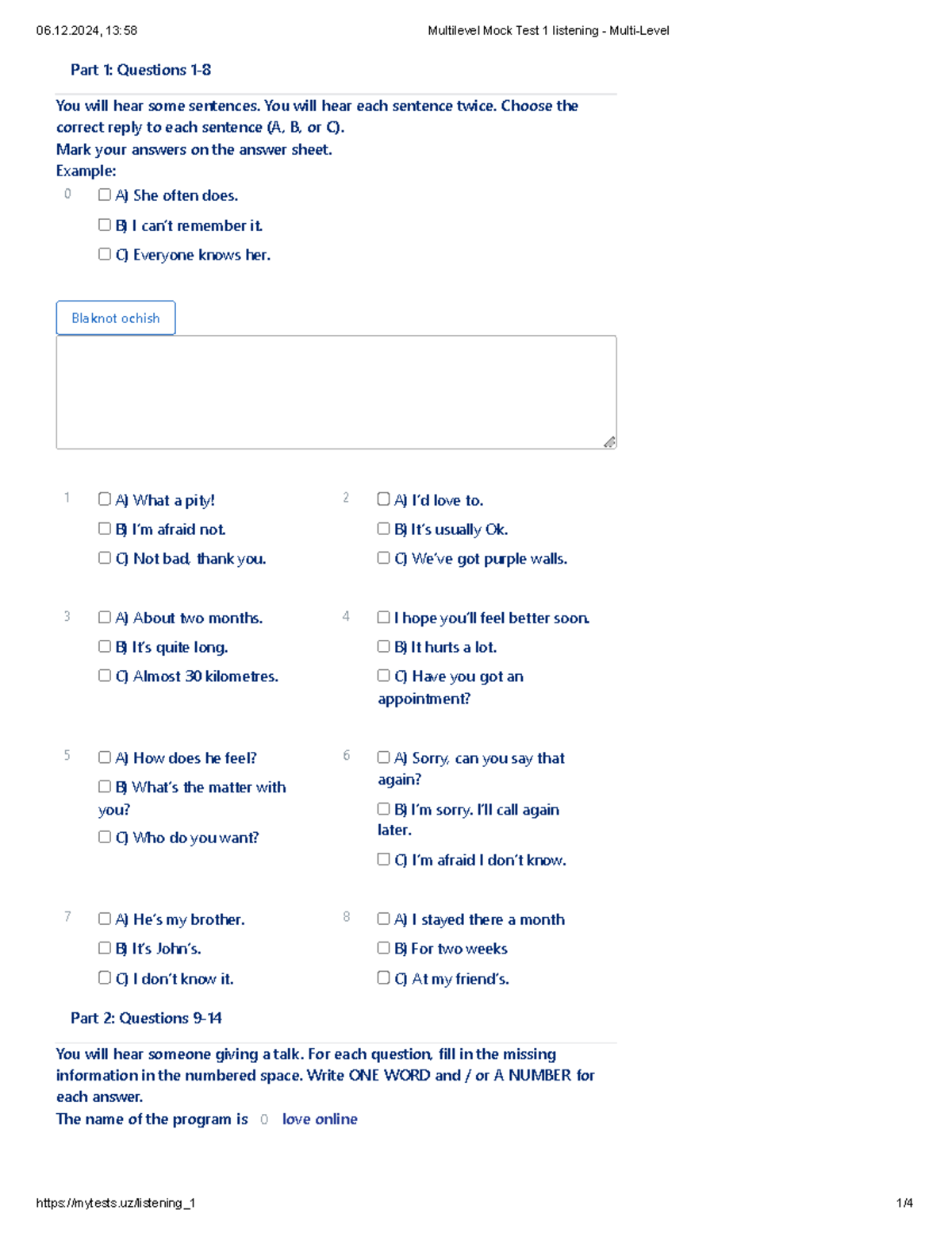 Multilevel Mock Test 1: Listening Practice - Multi-Level - Studocu