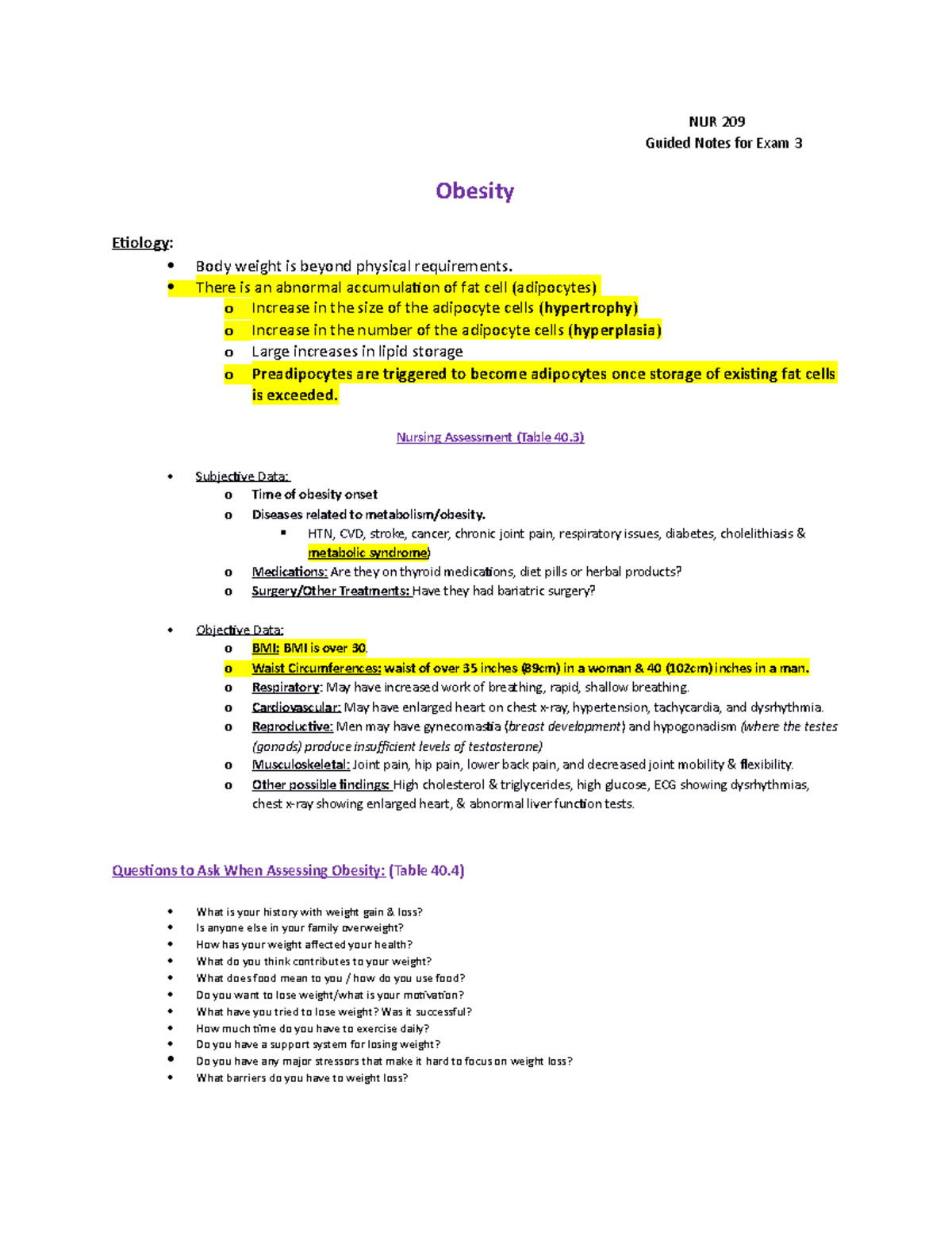 NUR 209 Exam 3 - Guided Notes on Obesity and Related Disorders - Studocu