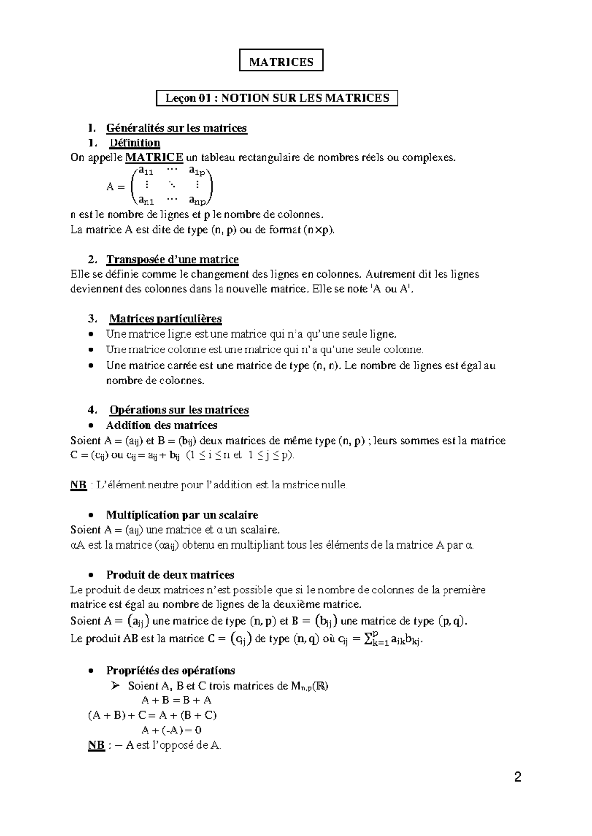 Leçon 01 : Notions Fondamentales sur les Matrices (ID 2-Cours) - Studocu