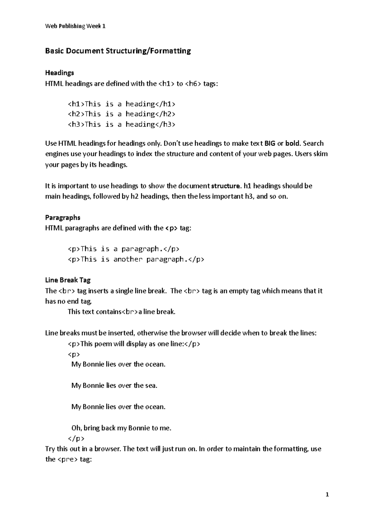 Web Publishing Wk 1: HTML Structuring & Formatting Exercises - Studocu