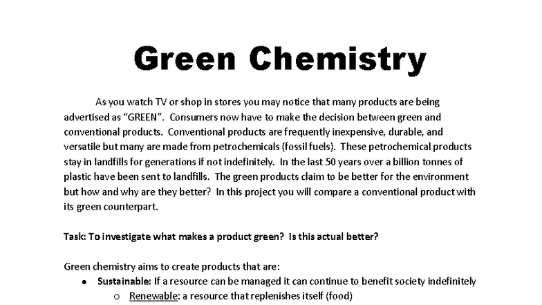 Green Chemistry Assignment: Comparing Conventional vs. Green Products ...