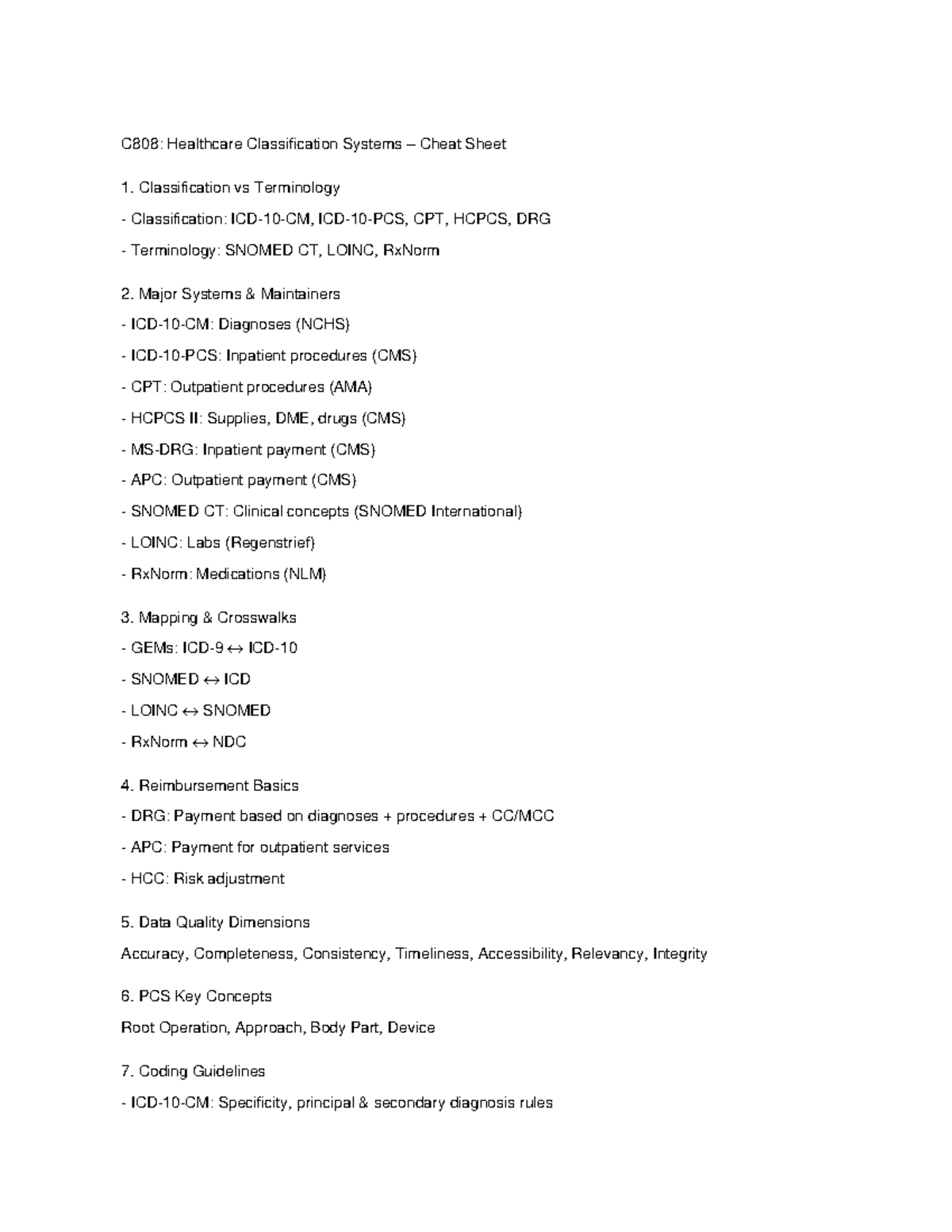 C808: Healthcare Classification Systems Cheat Sheet Notes - Studocu