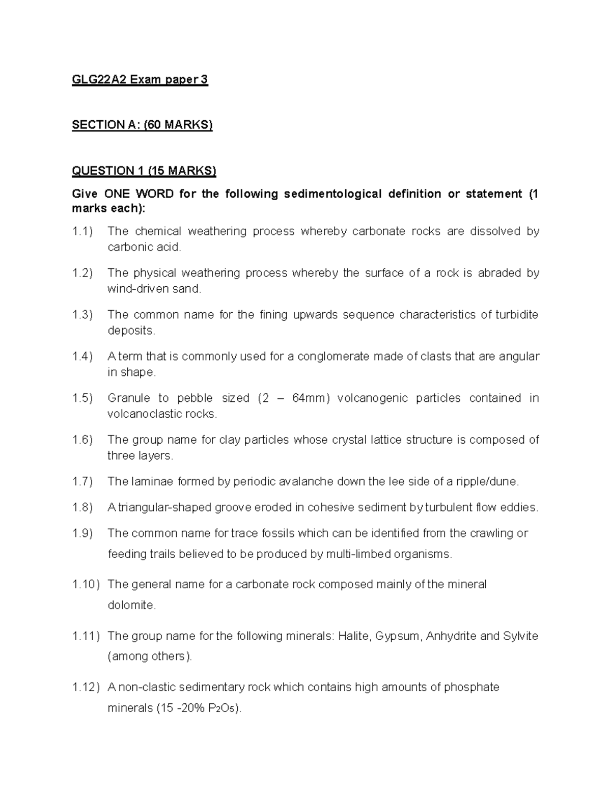 GLG22A2 Final Exam Paper: Sedimentology Questions and Answers - Studocu